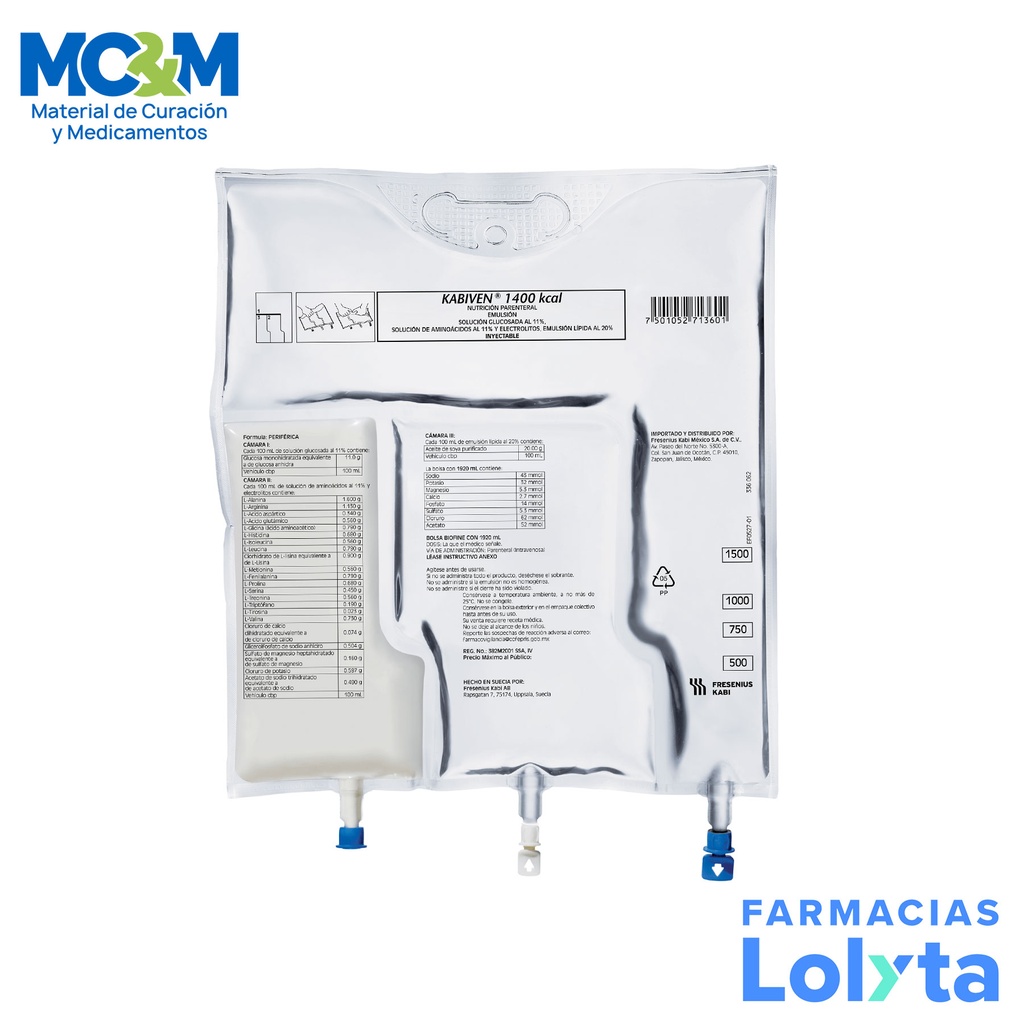 KABIVEN PERIFERICO EMULSION INY 1400 KCAL C/1920 ML GLUCOSA AMINOACIDOS ...